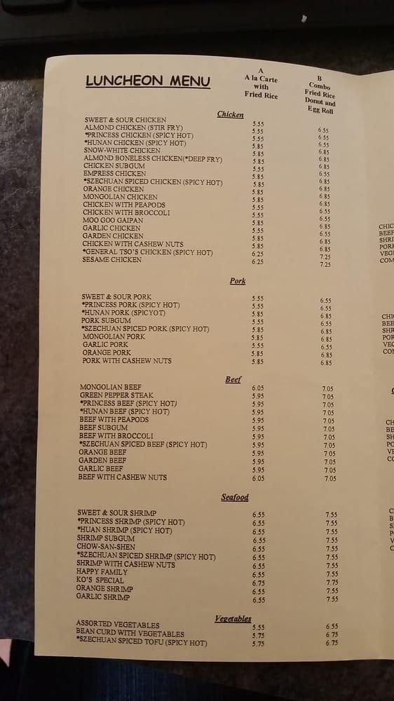Menu at Ko’s Garden restaurant, Swanton