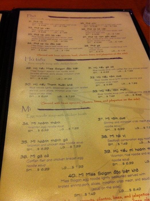 Menu at Miss Saigon restaurant, Tucson, N Campbell Ave