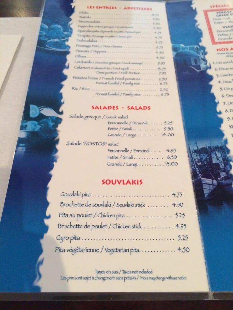 Menu at Nostos restaurant, Montréal, Bd de l'Acadie