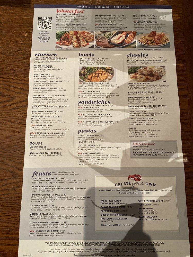 Menu at Red Lobster restaurant, Joliet, Plainfield Rd