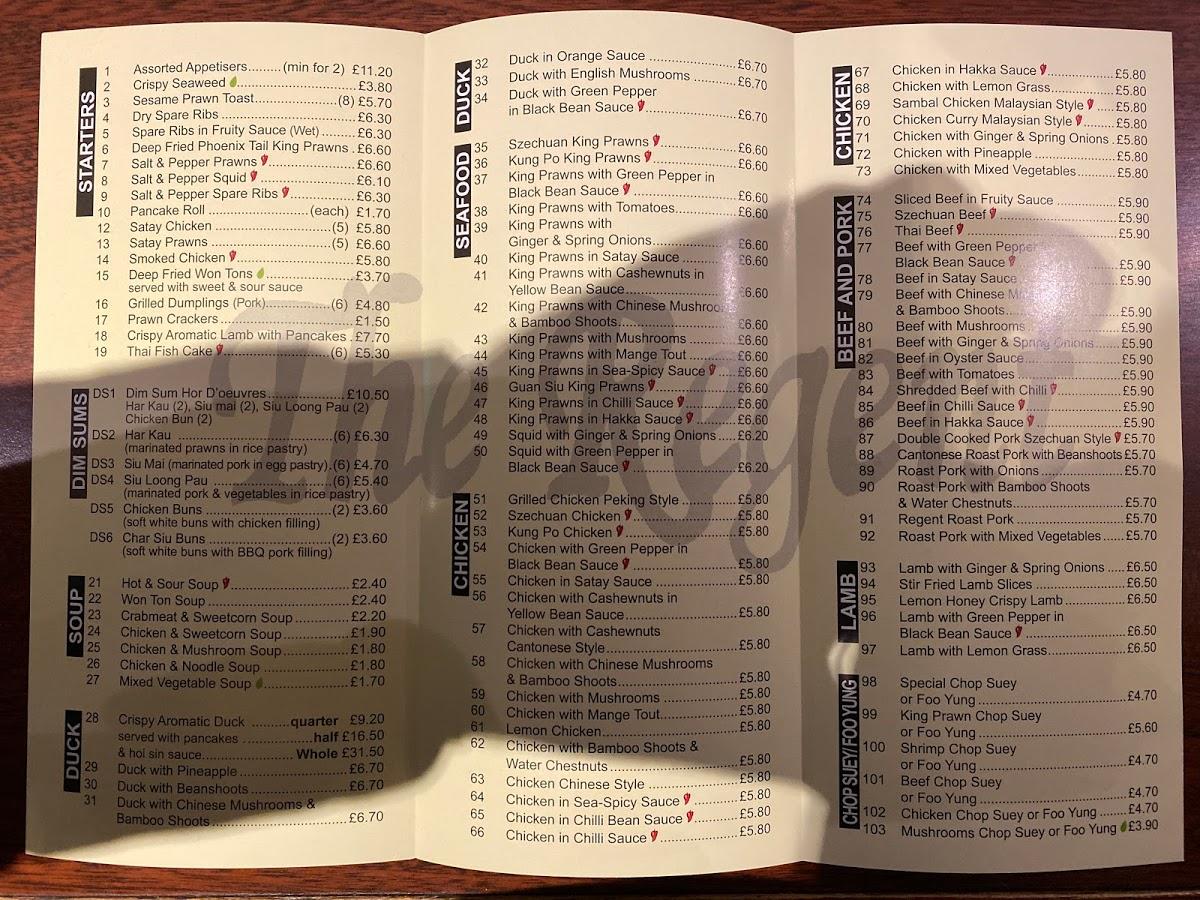 Menu at Regent fast food, Harpenden