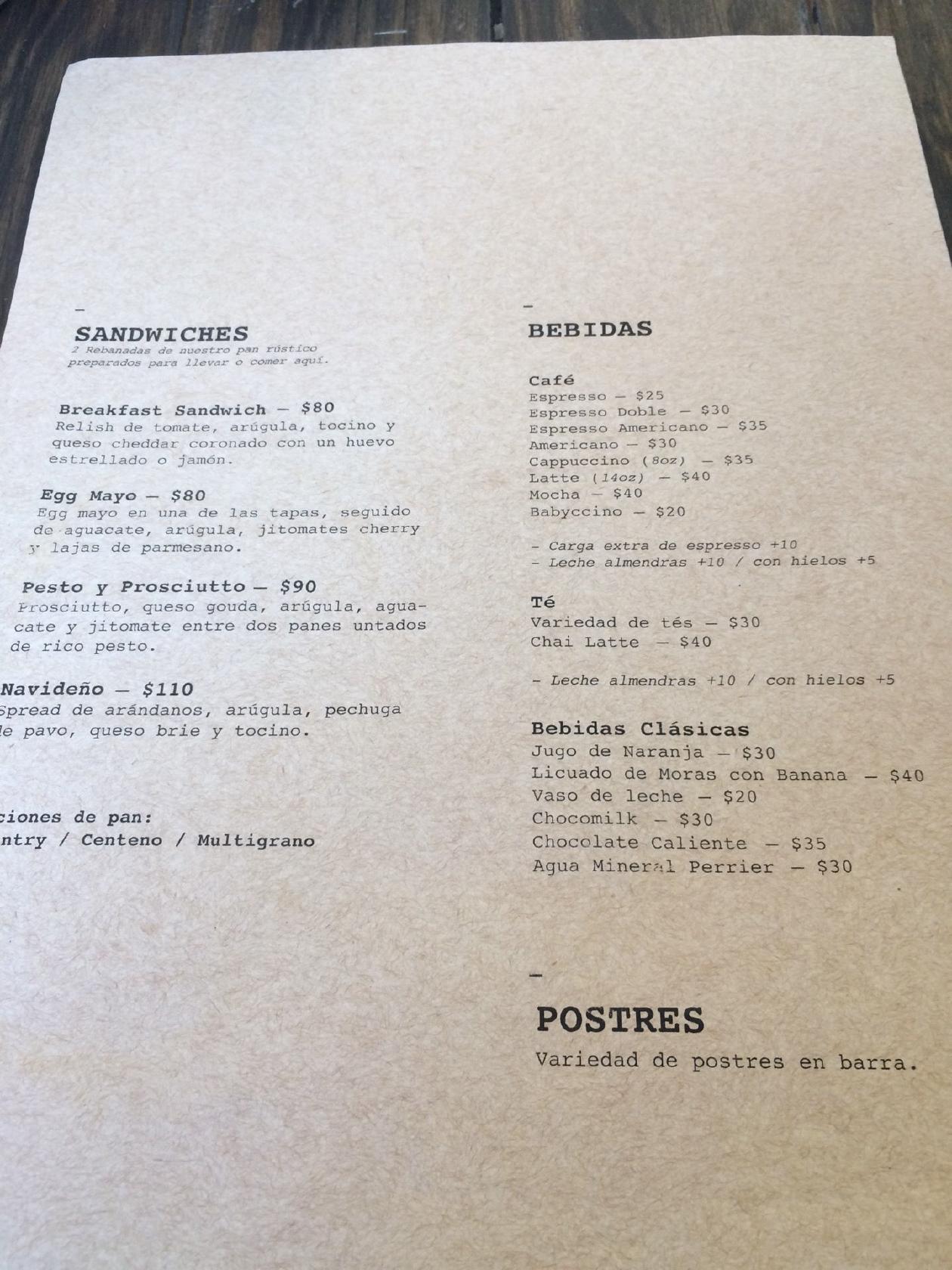 Menu at Saint Malo MX cafeteria, Guadalajara