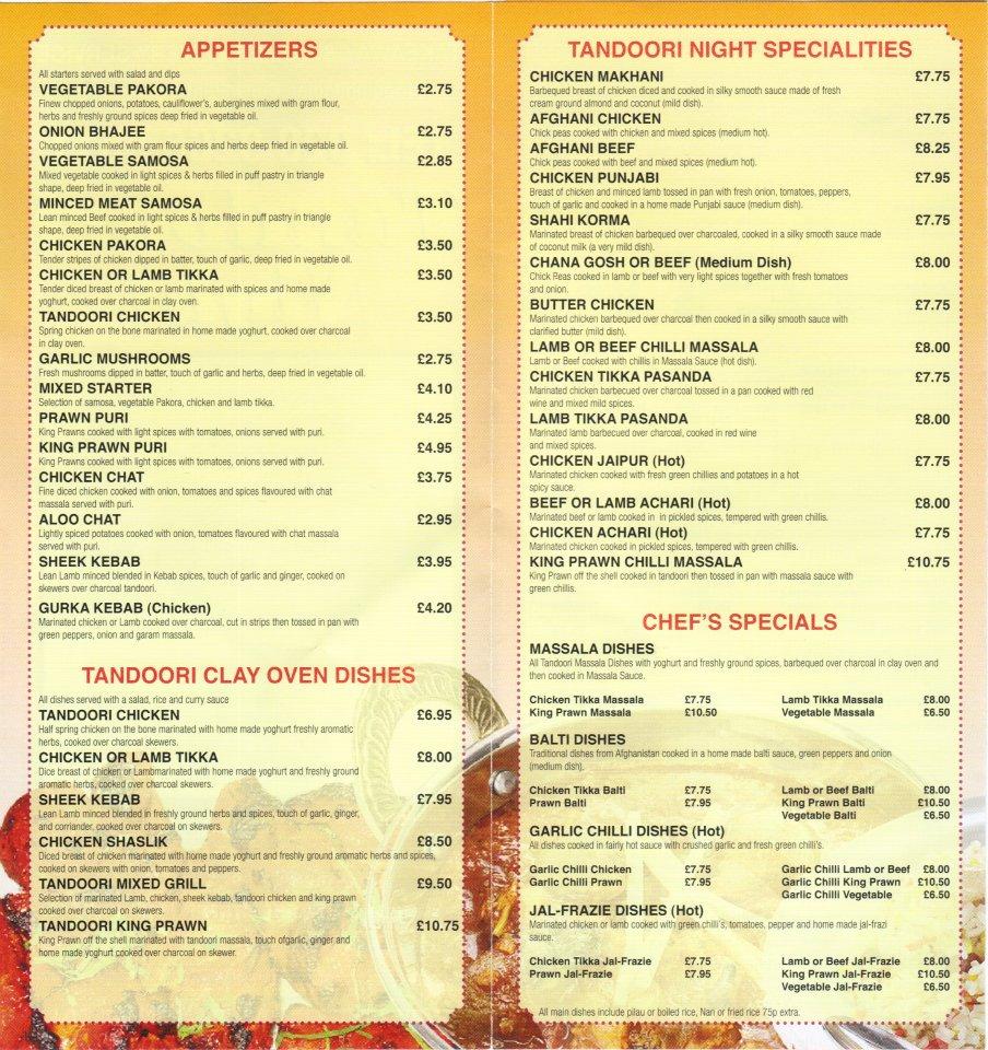 Menu at Tandoori Night fast food, Lisburn, 68 Longstone St