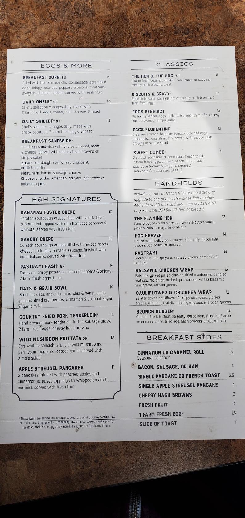 Menu at The Hen & The Hog restaurant, Albertville