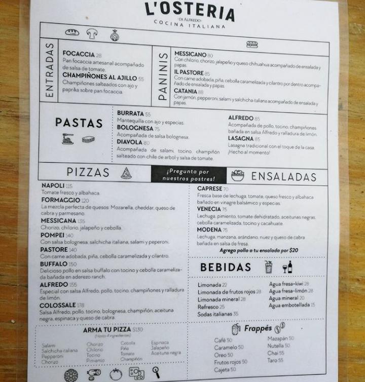 Carta del restaurante L'osteria, Culiacán Rosales