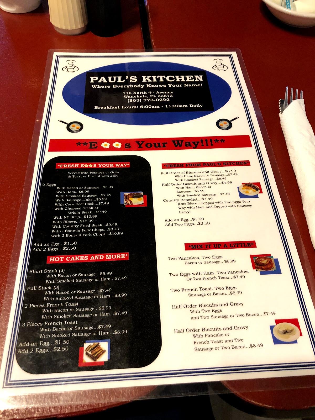 Menu at Paul's Kitchen restaurant, Wauchula