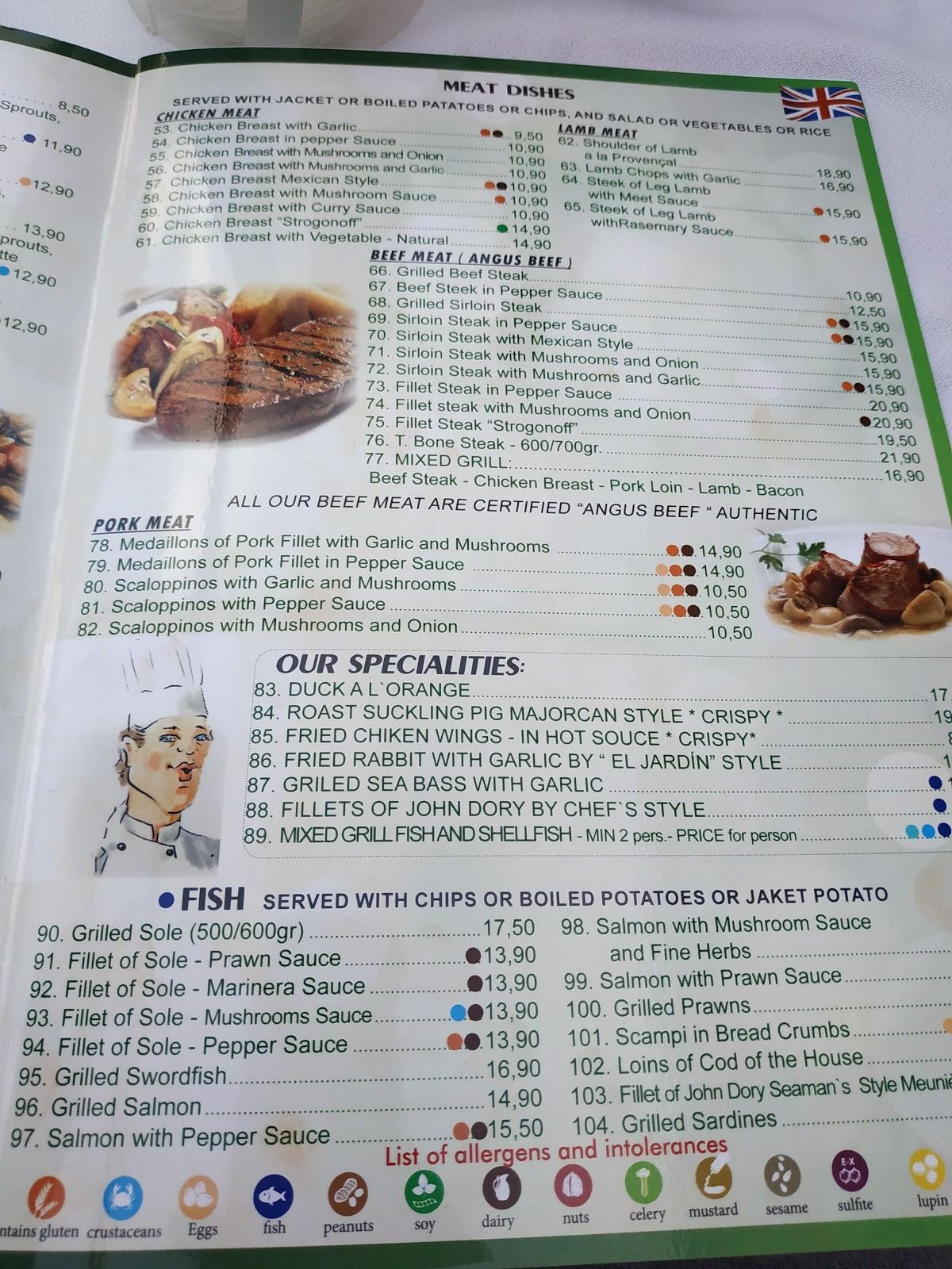Menu at Restaurante El Jardín, Santa Ponsa