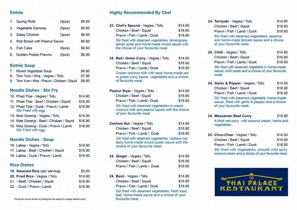 Menu at Thai Palace Restaurant, Scarborough