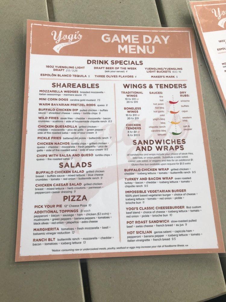 Menu at Yogi’s Bar & Grill, Columbus