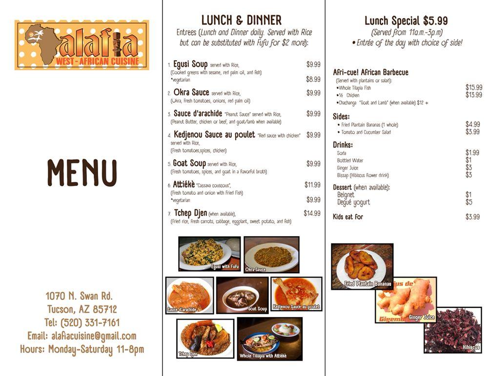 Menu at Alafia West African Cuisine Beninese Restaurant, Tucson, N Swan Rd