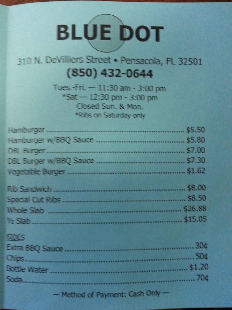 Menu at Blue Dot BBQ, Pensacola