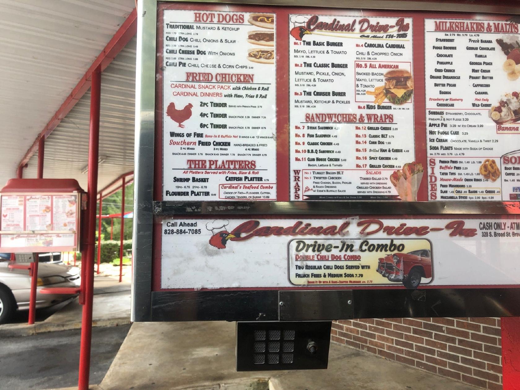 Menu at Cardinal Drive-In restaurant, Brevard