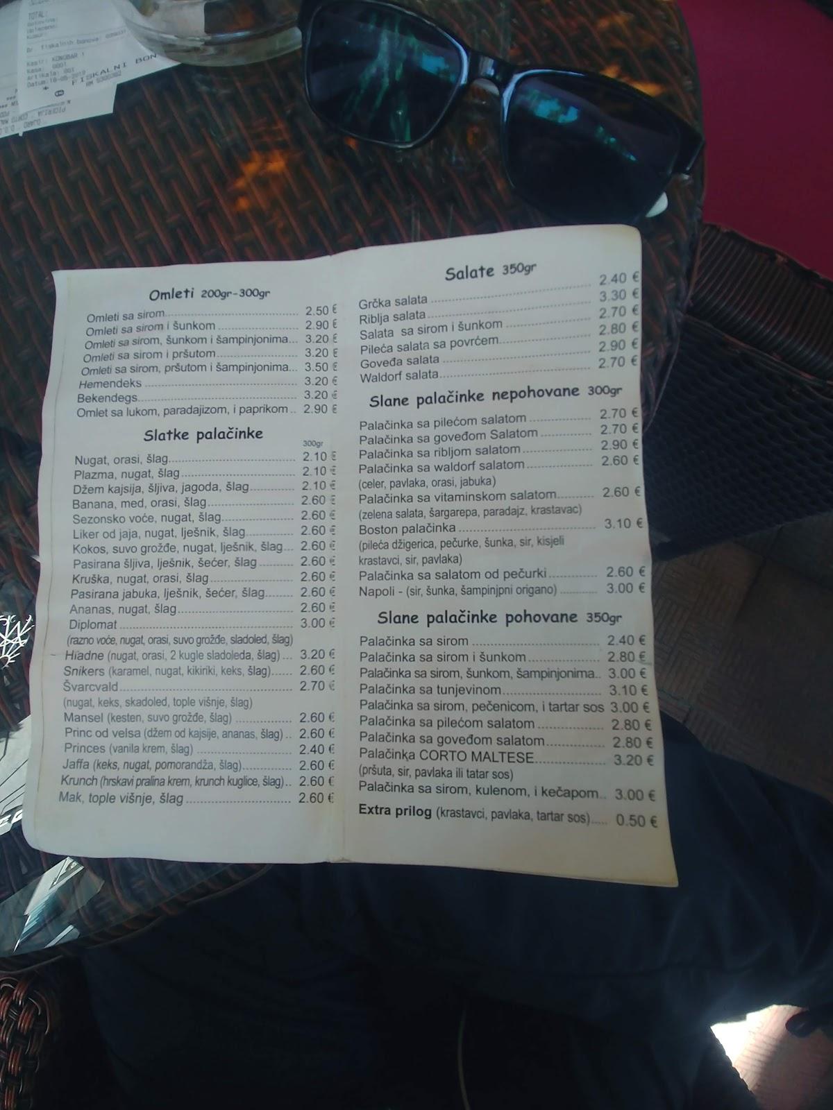 Menu at Corto Maltese restaurant, Podgorica