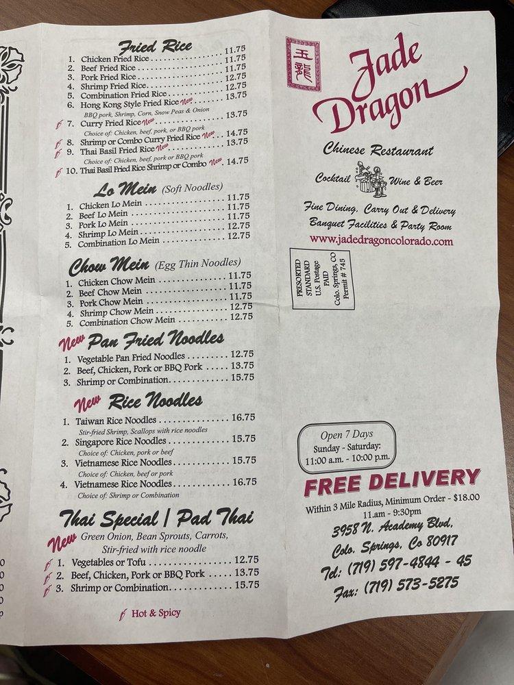 Menu at Jade Dragon Chinese Restaurant, Colorado Springs