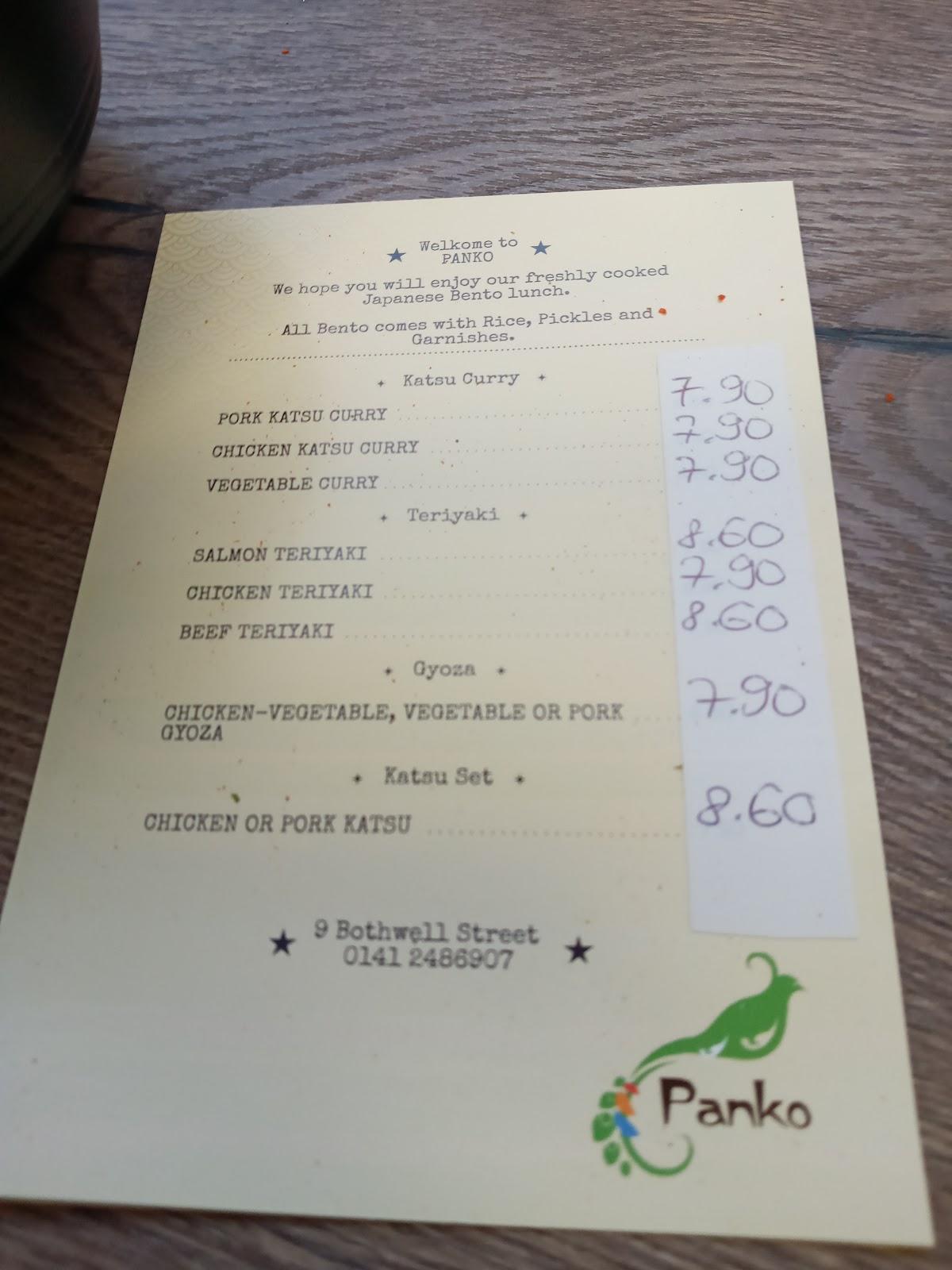 Menu at Panko cafe, Glasgow
