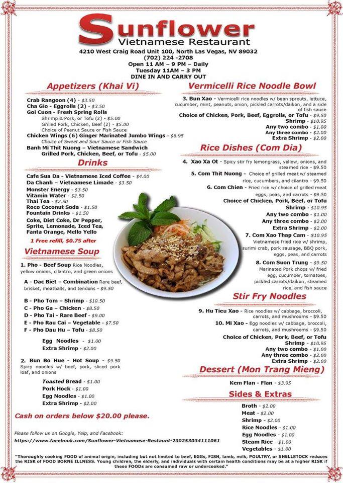 Menu at Sunflower Vietnamese Restaurant, North Las Vegas, W Craig Rd ...