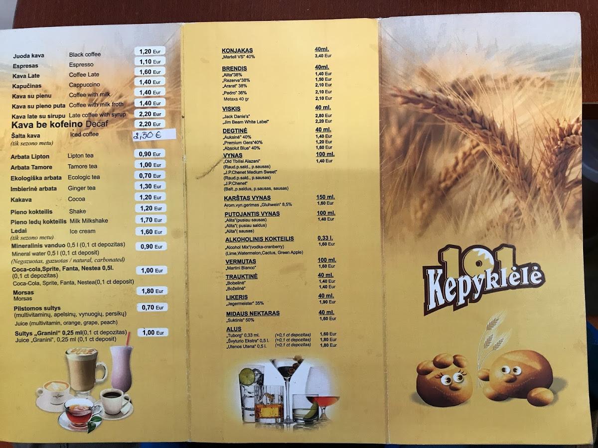 Menu at 101 kepyklele, Juviga cafe, Kaunas, Laisvės al. 87