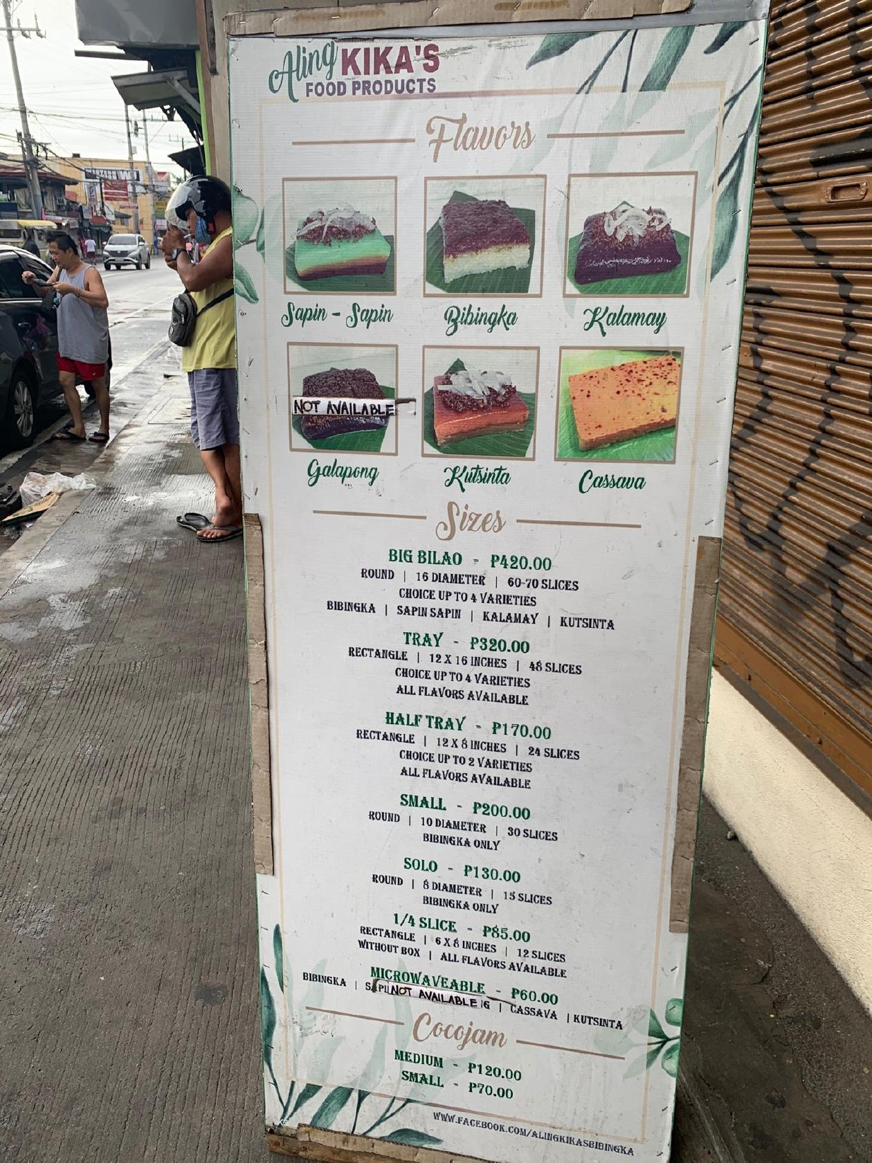 Menu at Aling Kika's Food Products restaurant, Cainta