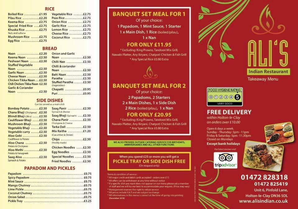Menu at Ali's Indian Restaurant, Grimsby