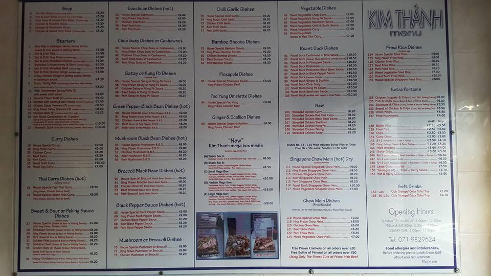 Menu at Kim Thành Quality Chinese Food fast food, Bundoran