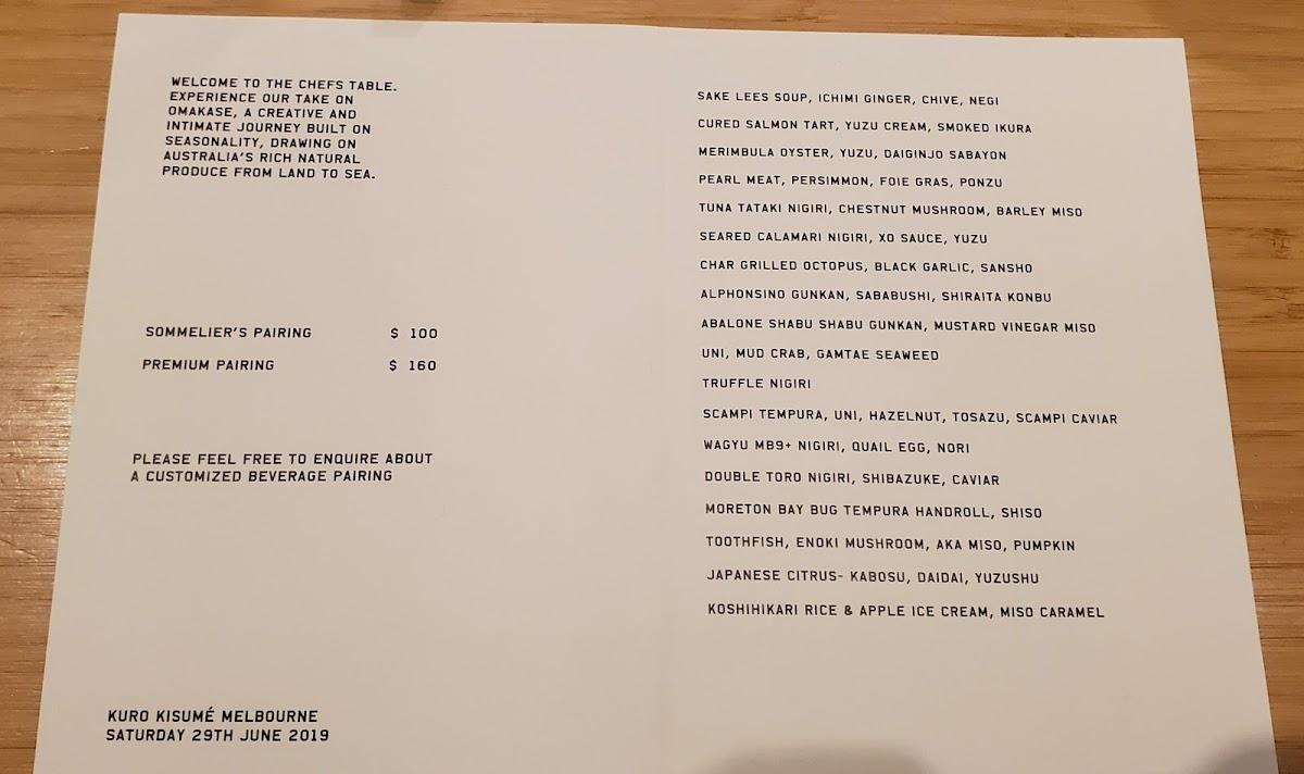 Menu at Kisumé restaurant, Melbourne