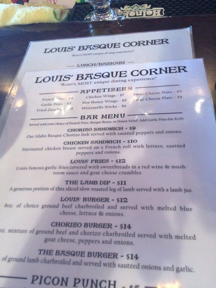 Menu at Louis' Basque Corner restaurant, Reno
