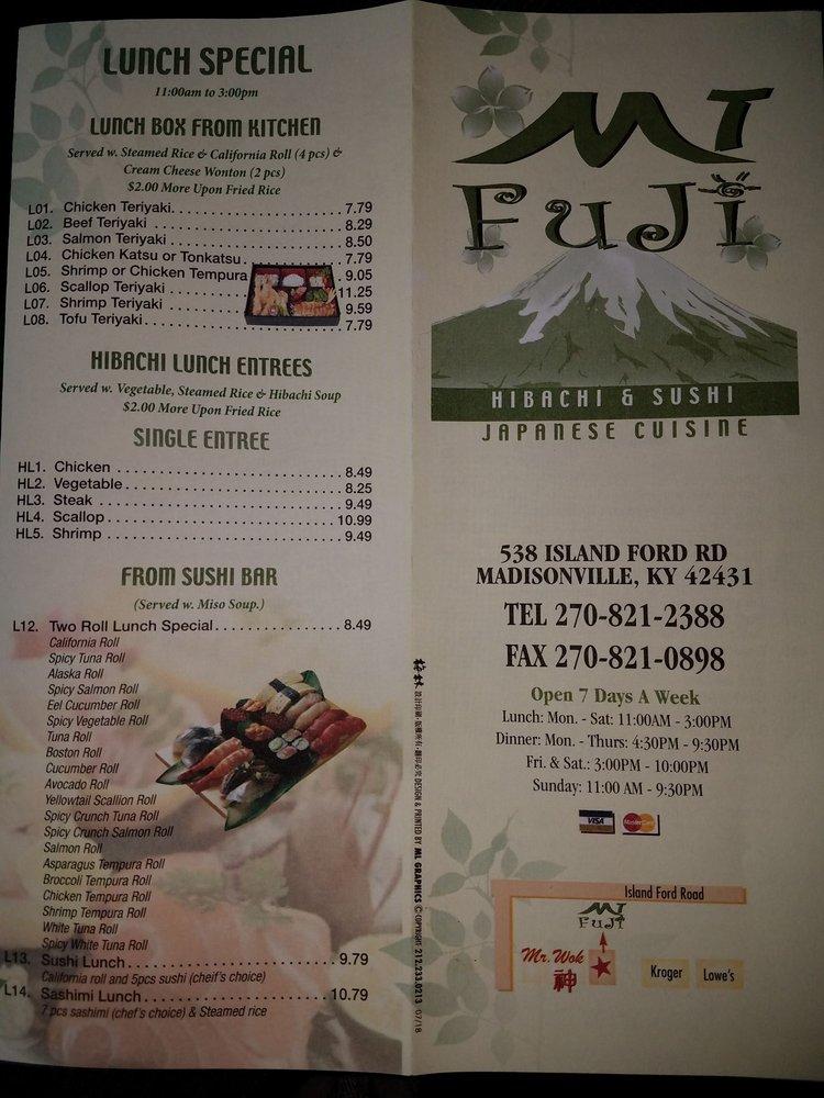 Menu at Mt Fuji restaurant, Madisonville