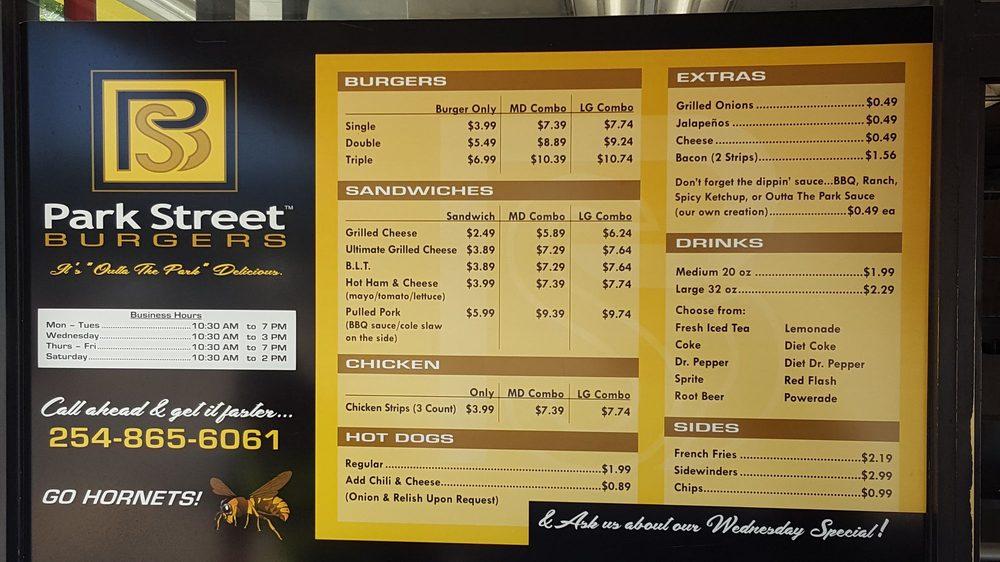 Menu at Park Street Burgers restaurant, Gatesville