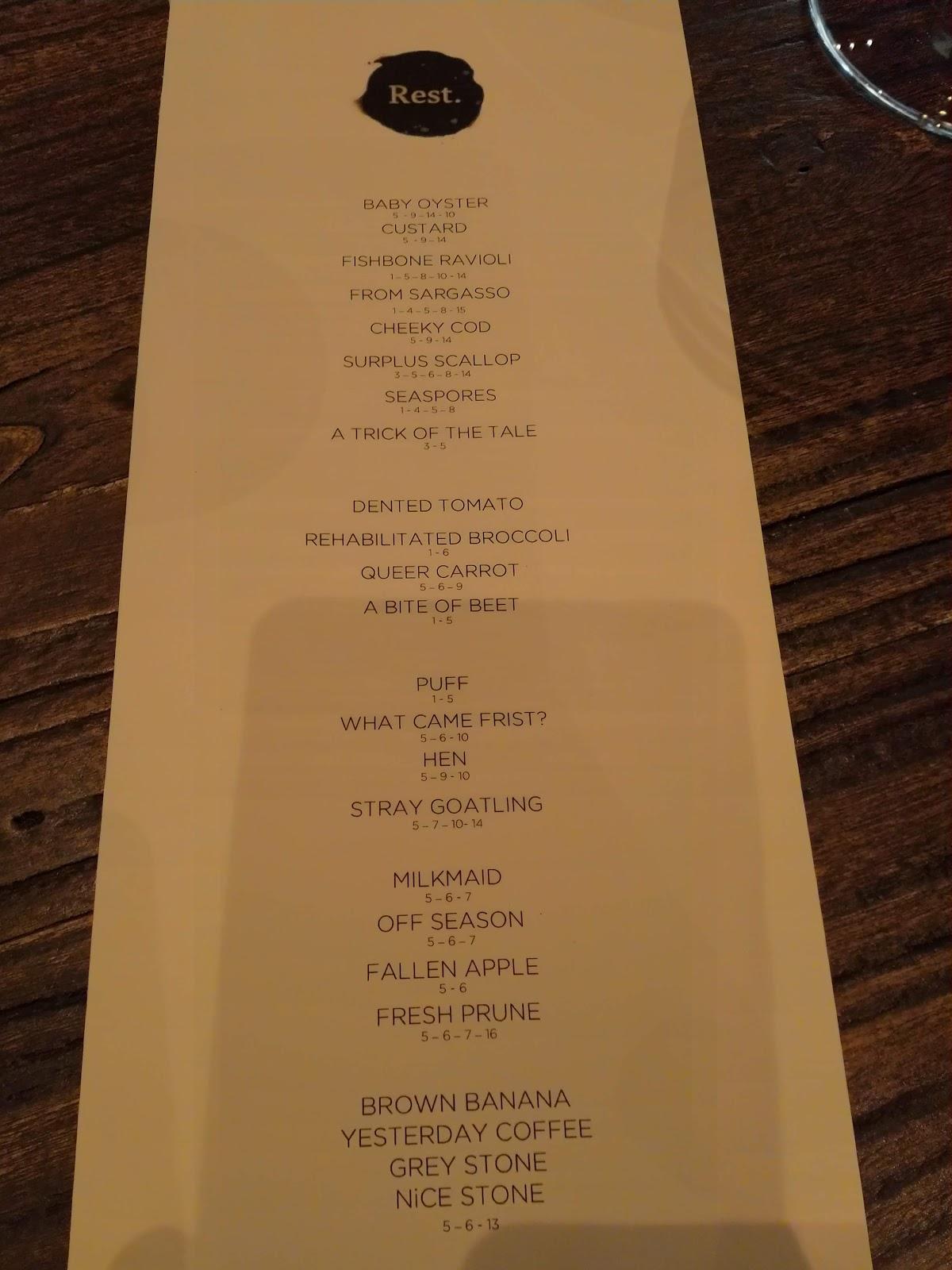 Menu at Rest restaurant, Oslo