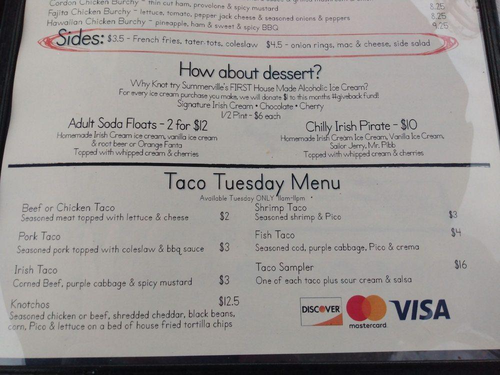 Menu at The Knot Burger Pub, Summerville, 208 E 5th N St
