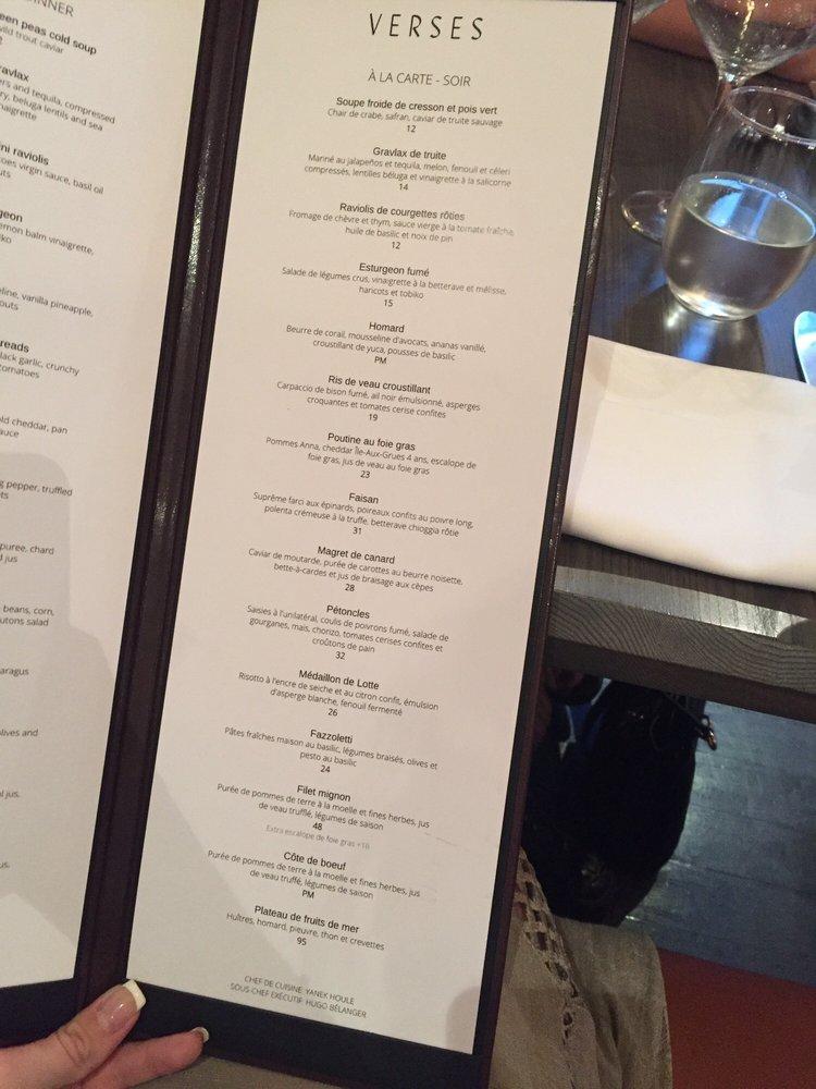 Menu at Verses Bistro restaurant, Montréal