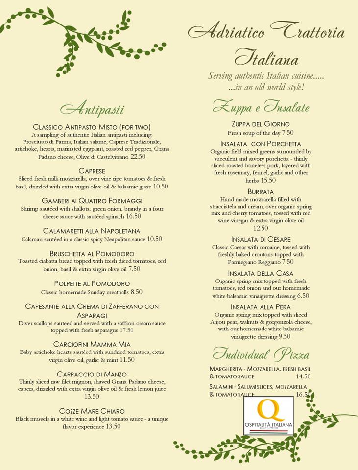 Menu at Adriatico Trattoria Italiana restaurant, Orlando