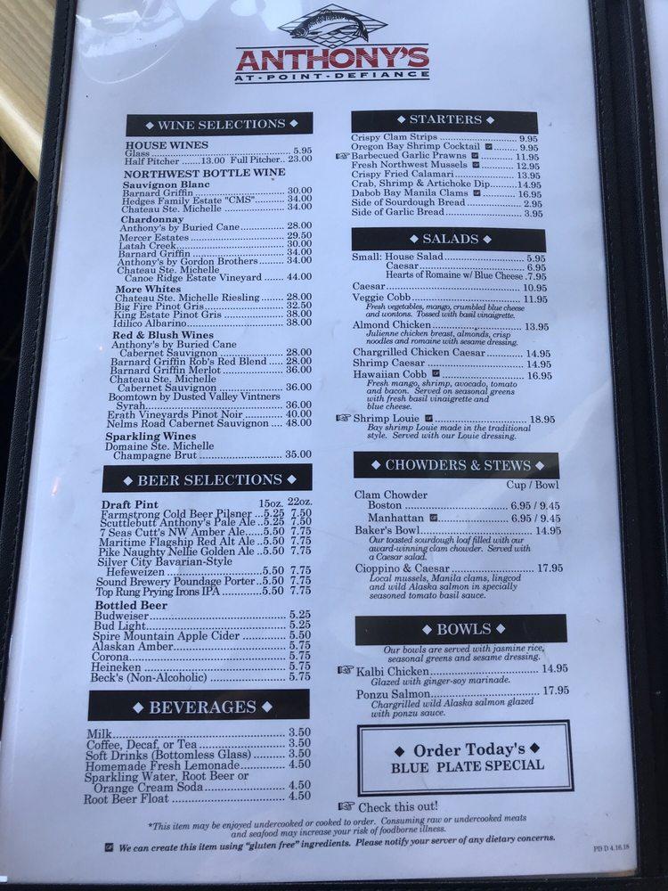 Menu at Anthony's At Point Defiance restaurant, Tacoma
