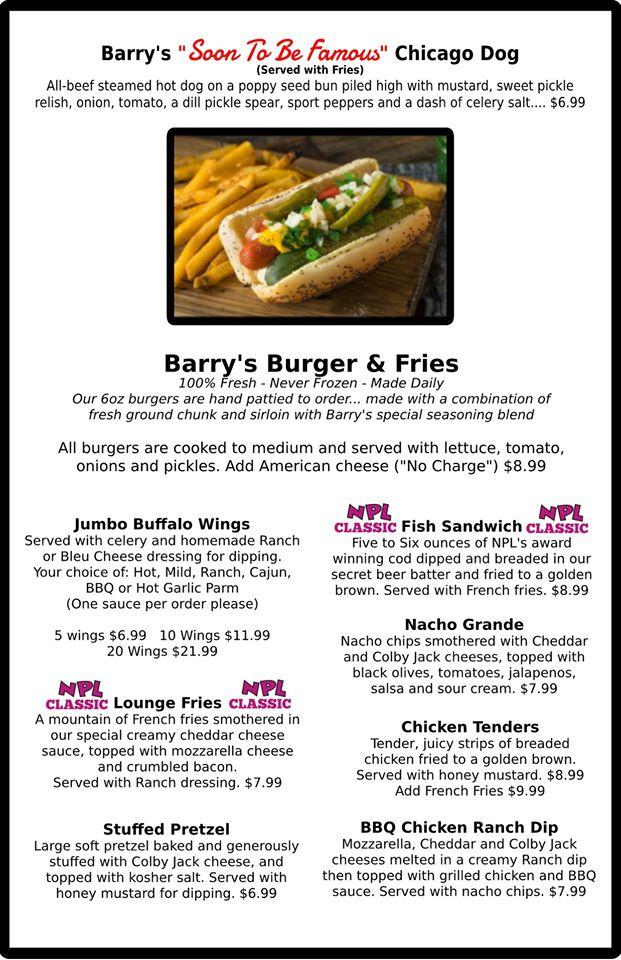 Menu at Barry's Pub, McCandless
