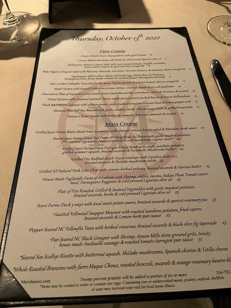 Menu at Meridian Restaurant, Winston-Salem