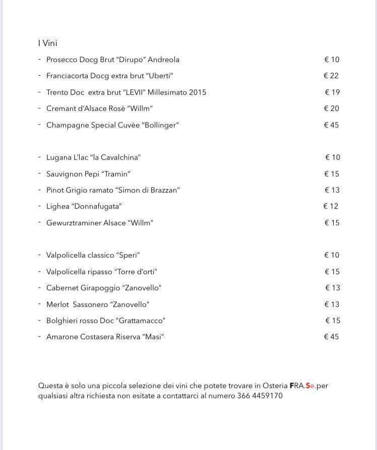 Menu da Osteria FRA.Se ristorante, Piove di Sacco