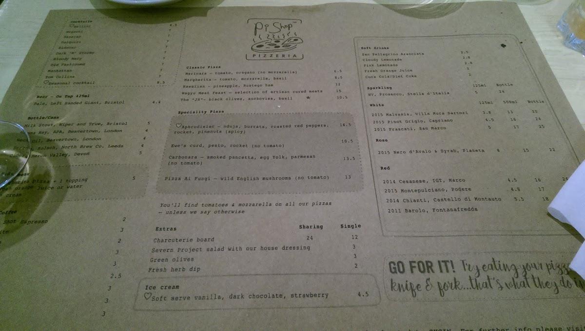 Menu at Pi Shop restaurant, Bristol