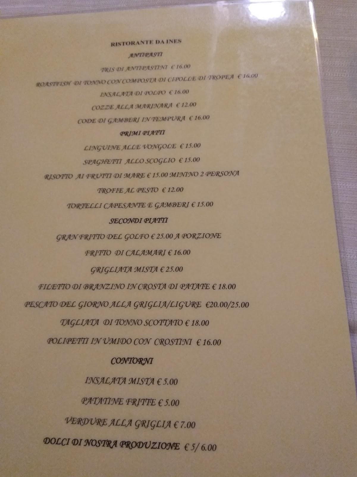 Menu da Ristorante Ines, Noli