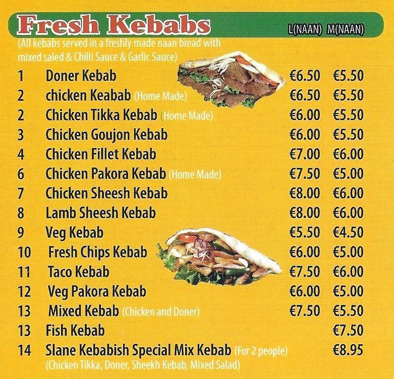 Menu at Slane Kebabish restaurant, Slane
