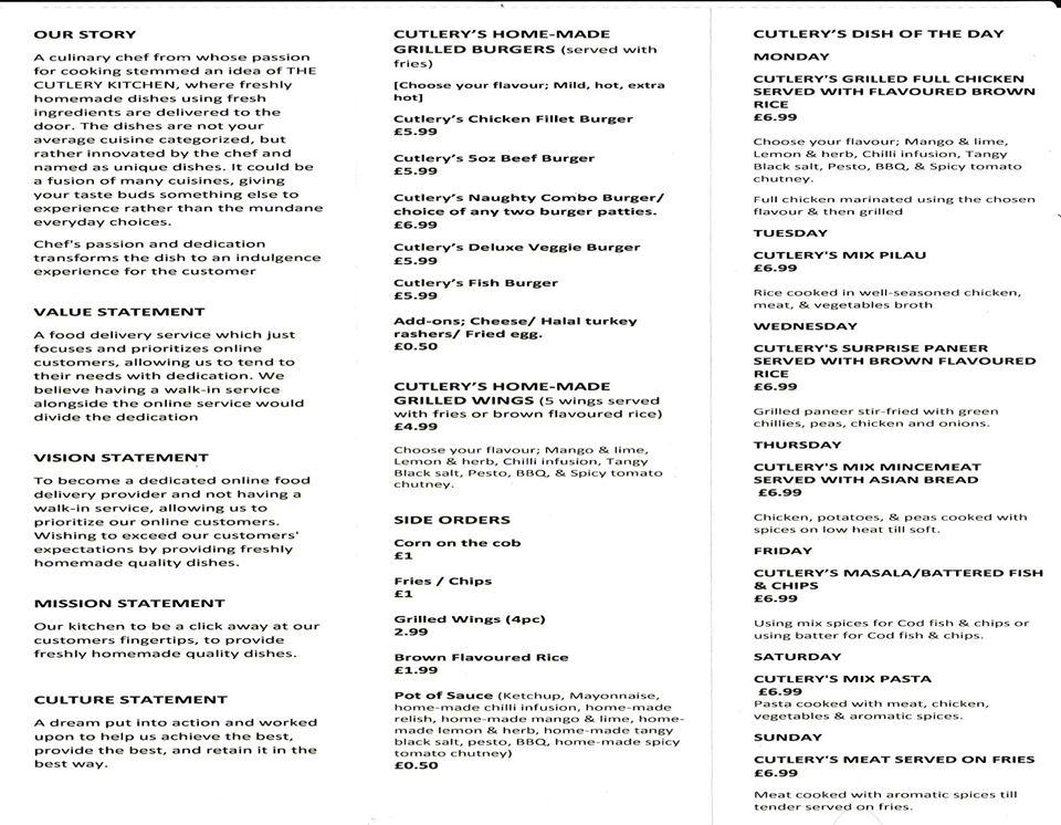 Menu at The Cutlery Kitchen restaurant, England