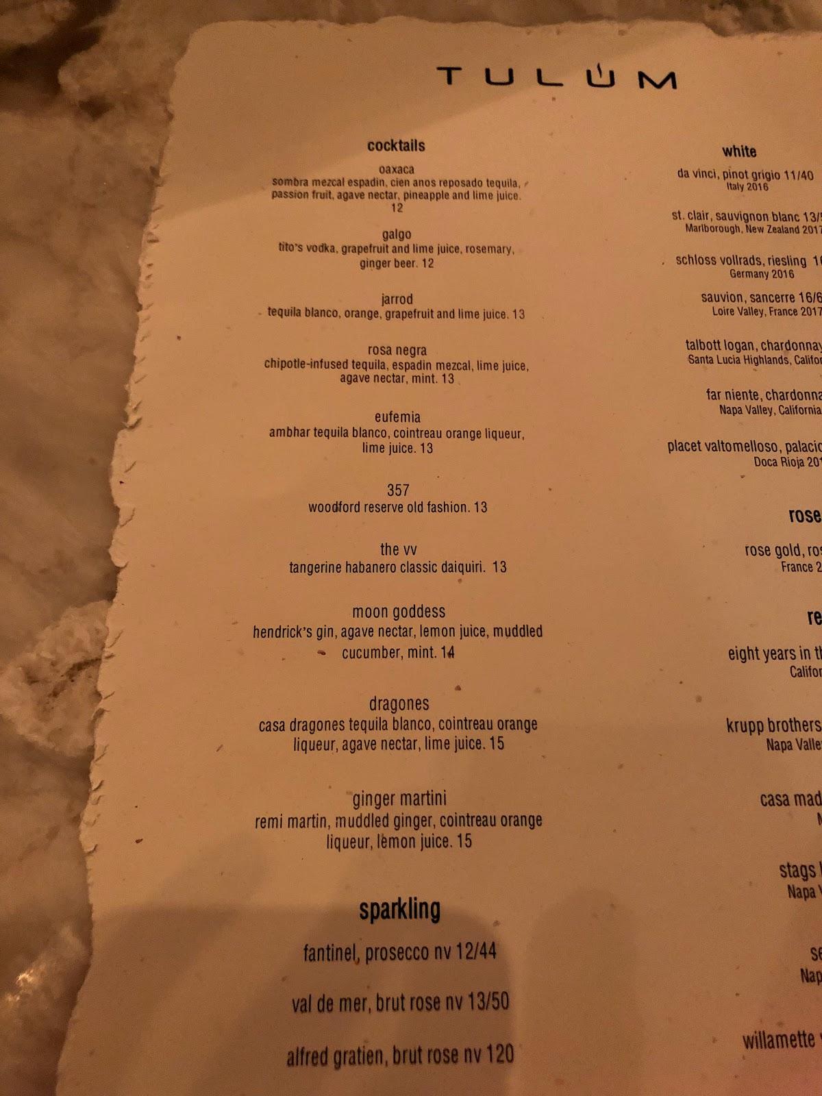 Menu at Tulum restaurant, Dallas