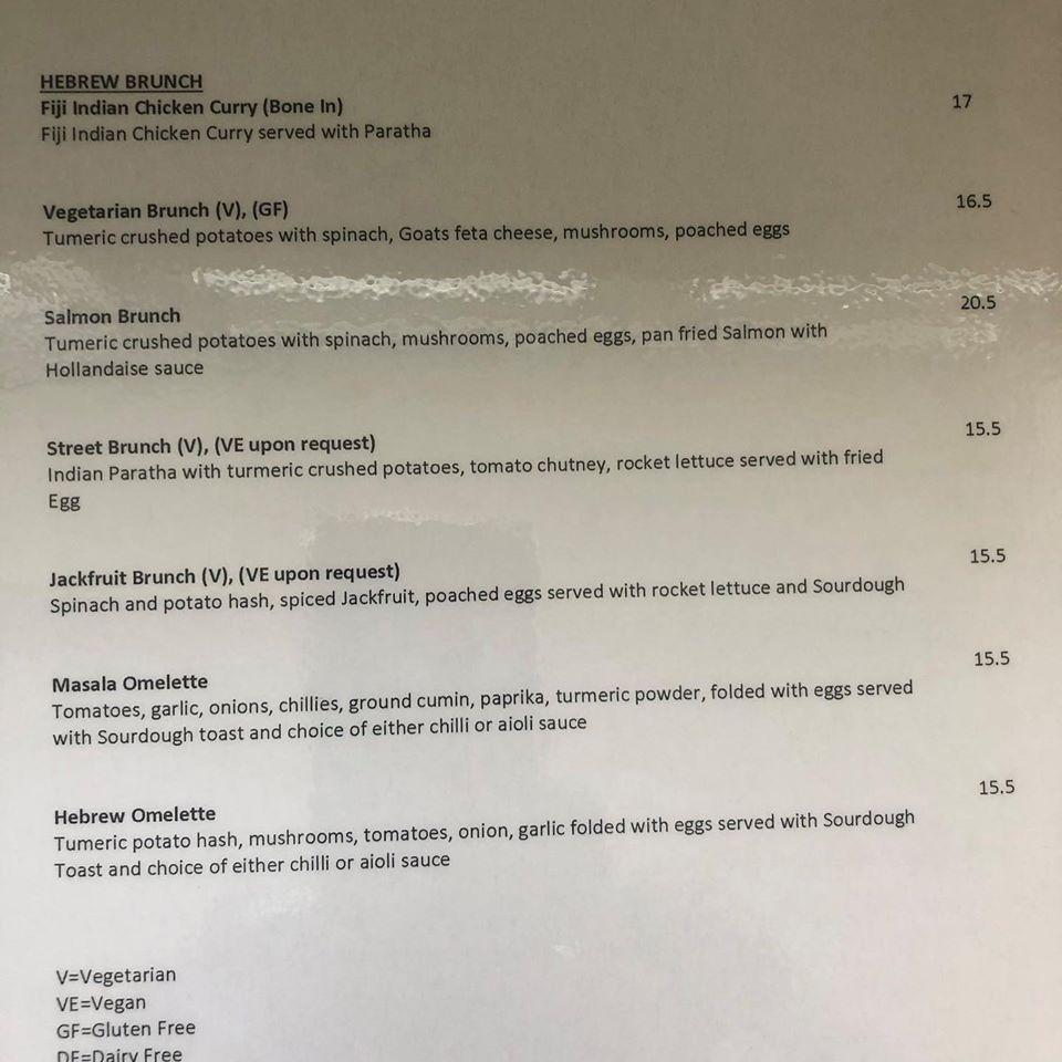 Menu at Hebrew Cafe, Auckland