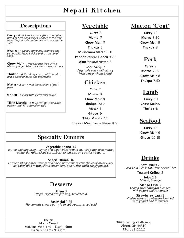 Menu at Nepali Kitchen Restaurant, Akron