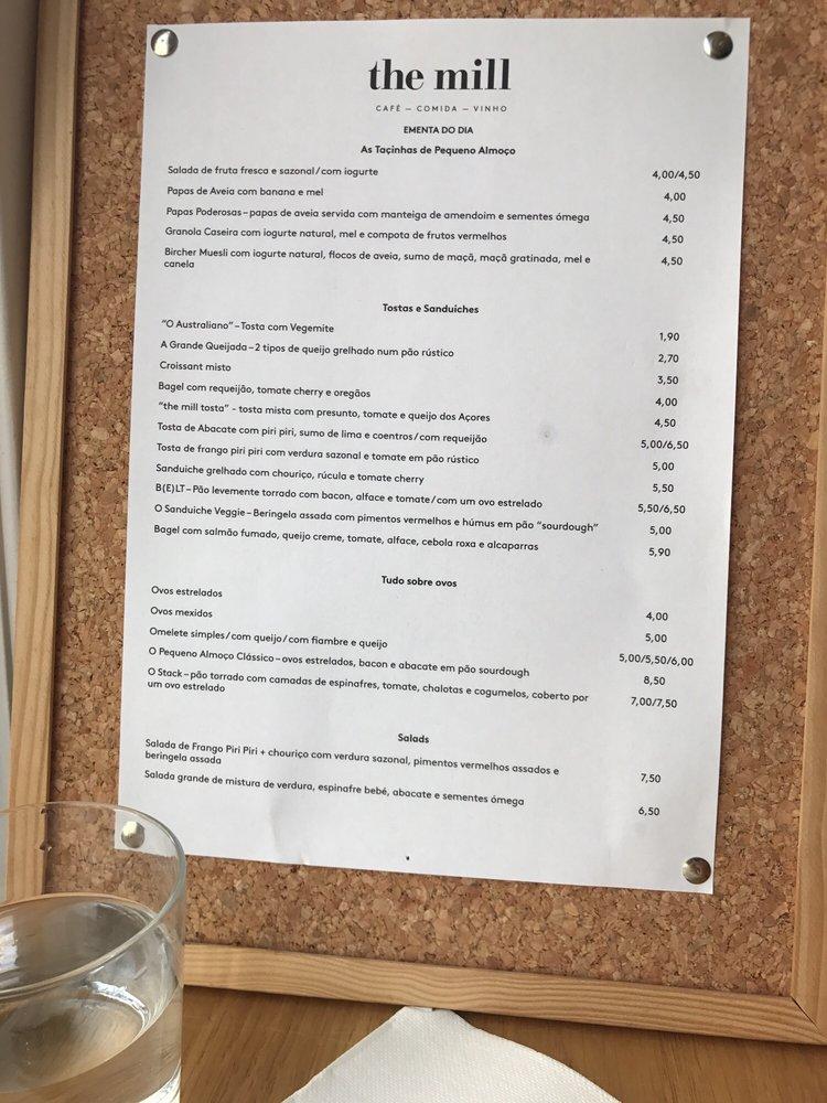 Menu at the mill pub & bar, Lisbon