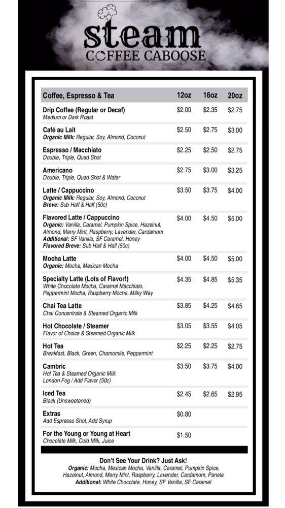 Menu at steam coffee caboose, Salida