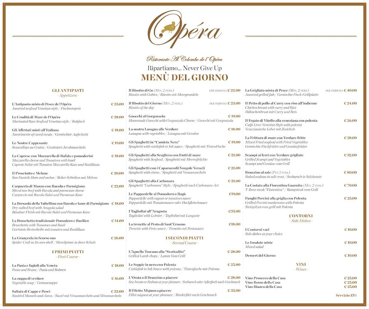 Menu at Al Colombo de l'Opera restaurant, Venice