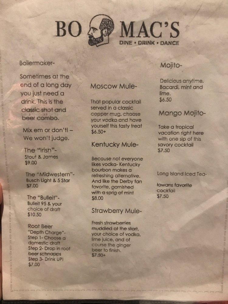 Menu at Bo Mac's pub & bar, Cedar Rapids