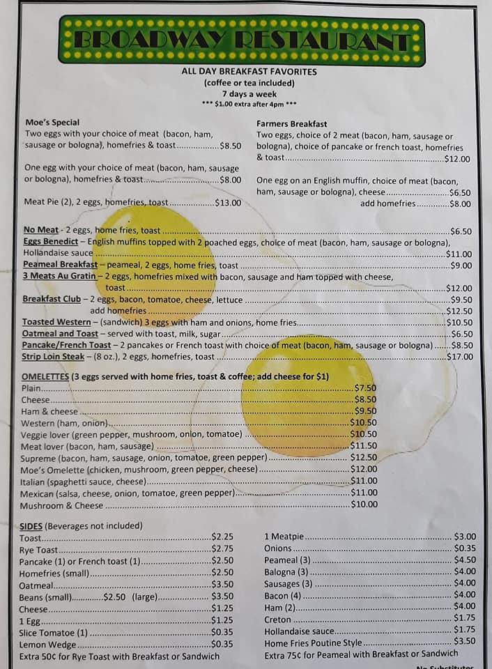 Menu at Broadway Restaurant, Timmins