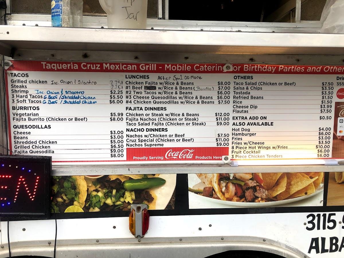 Menu at Cruz Mexican restaurant, Baconton
