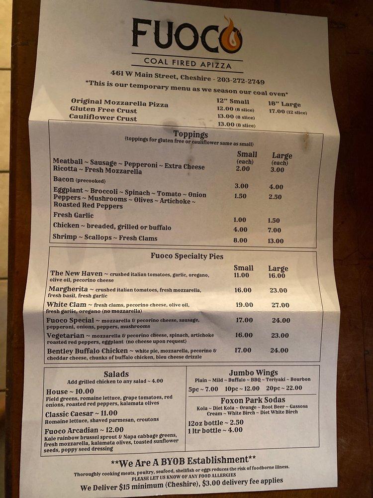 Menu at Fuoco Apizza pizzeria, Cheshire